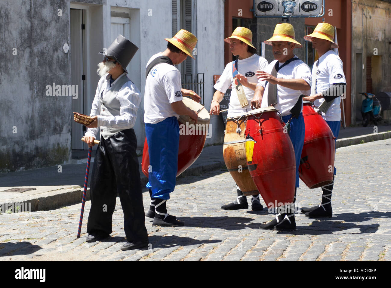 Murgueros (musicians) playing murga at Colonia del Sacramento's streets ...
