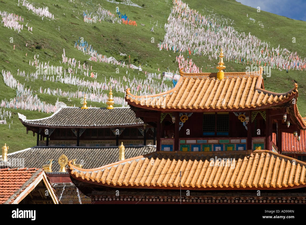 Roofs of the temple at Tagong, and prayer flags in the mountain behind ...
