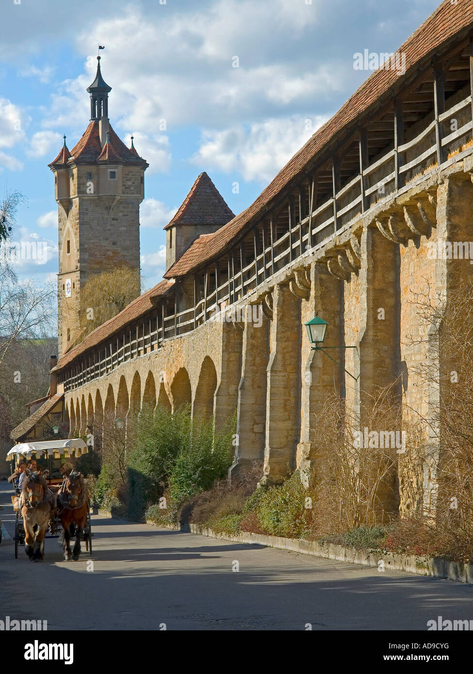 medieval city wall with tower in Rothenburg ob der Tauber Bavaria ...