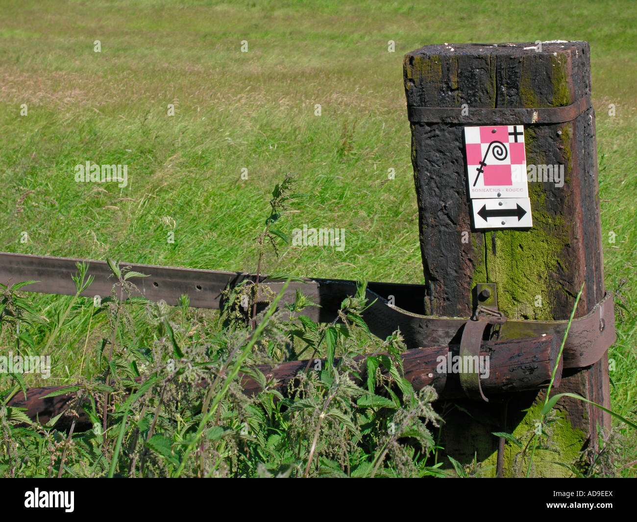 symbol for the pilgrim road Way of Saint Boniface at the wayside Stock ...
