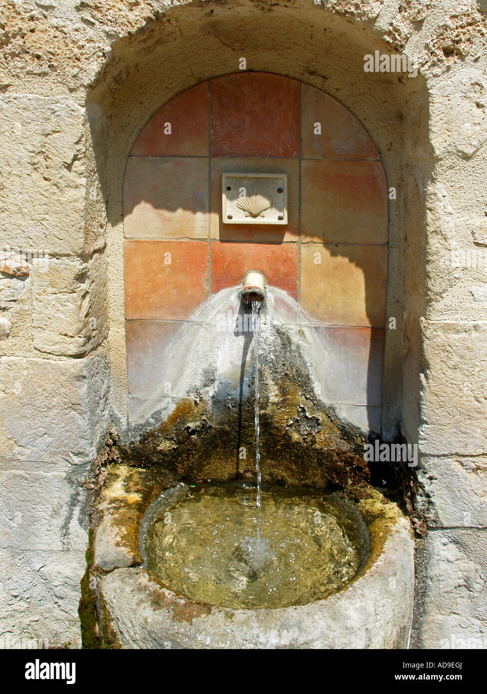 symbol with shell for the pilgrim route Way of Saint James over a well ...