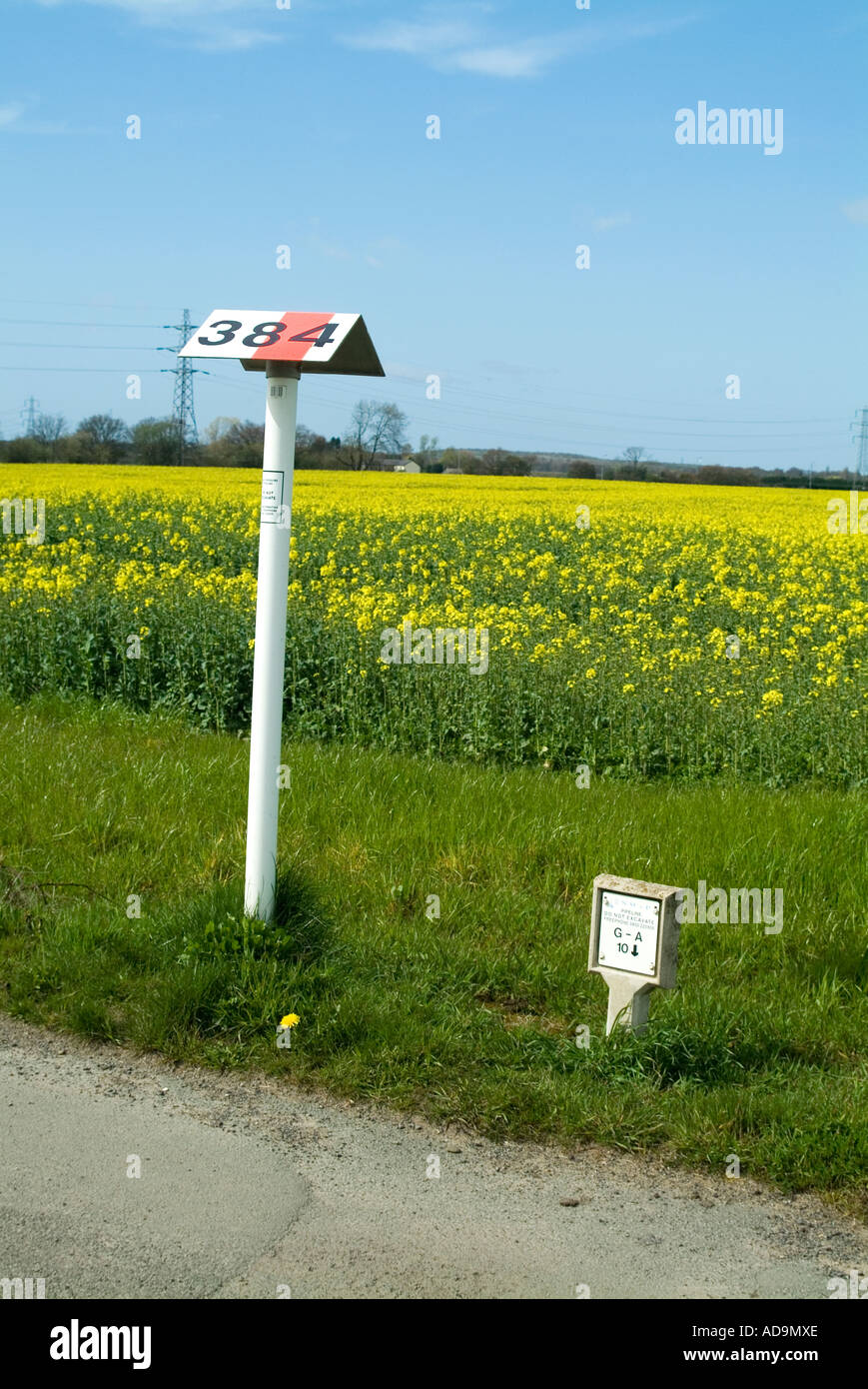 Sign post with hi viz cap indicating the presence of a buried pipeline ...