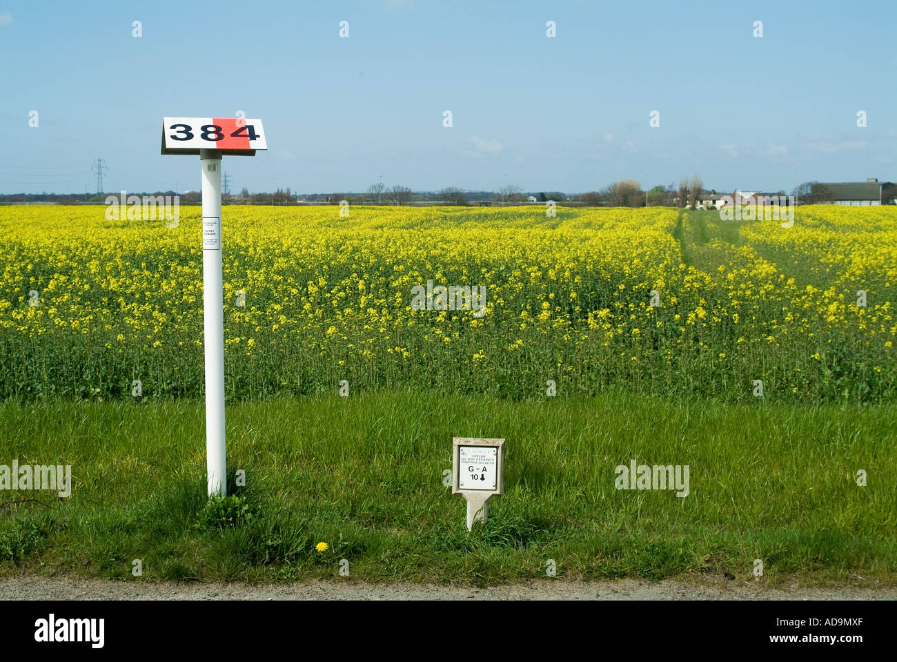 Sign post with hi viz cap indicating the presence of a buried pipeline ...