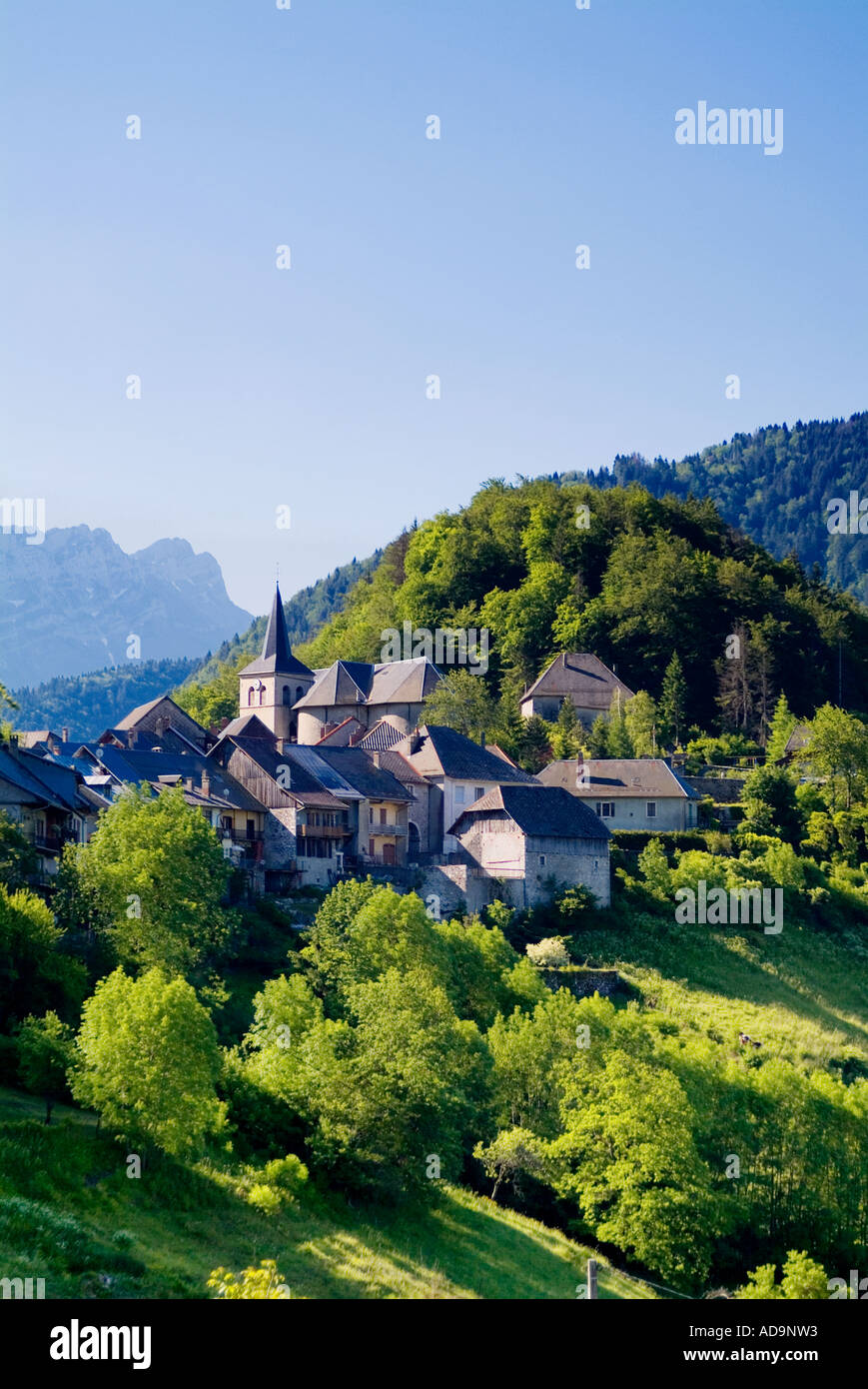 France Savoie Bauges National Park Landscpe with the village of le ...