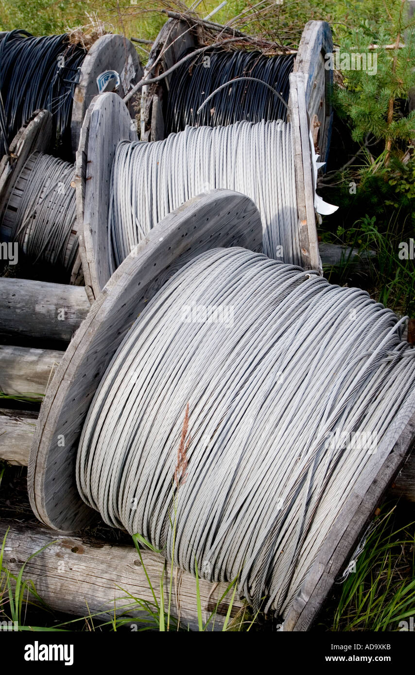 Inventory of old wooden rolls filled with steel rope cable , Finland ...