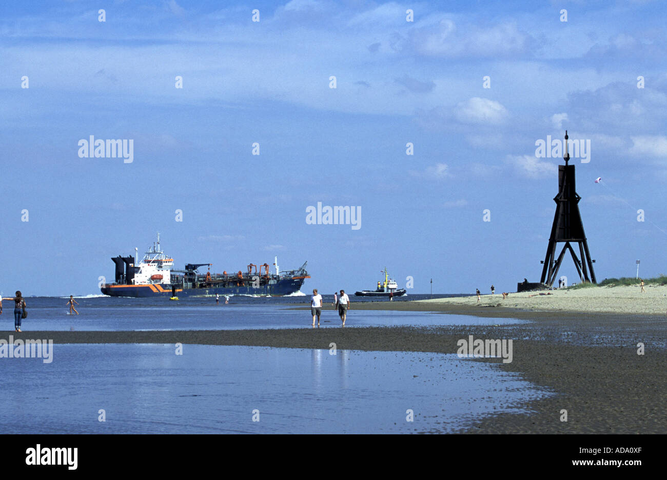 cargo ship in the mouth of the Elbe river at Cuxhaven, Germany, Lower ...
