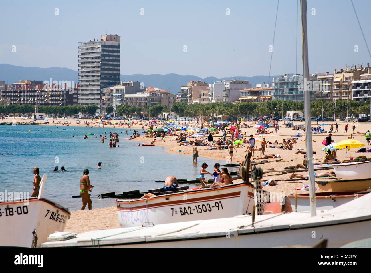 The beach and town of Palamos on the Costa Brava in Spain Stock Photo ...