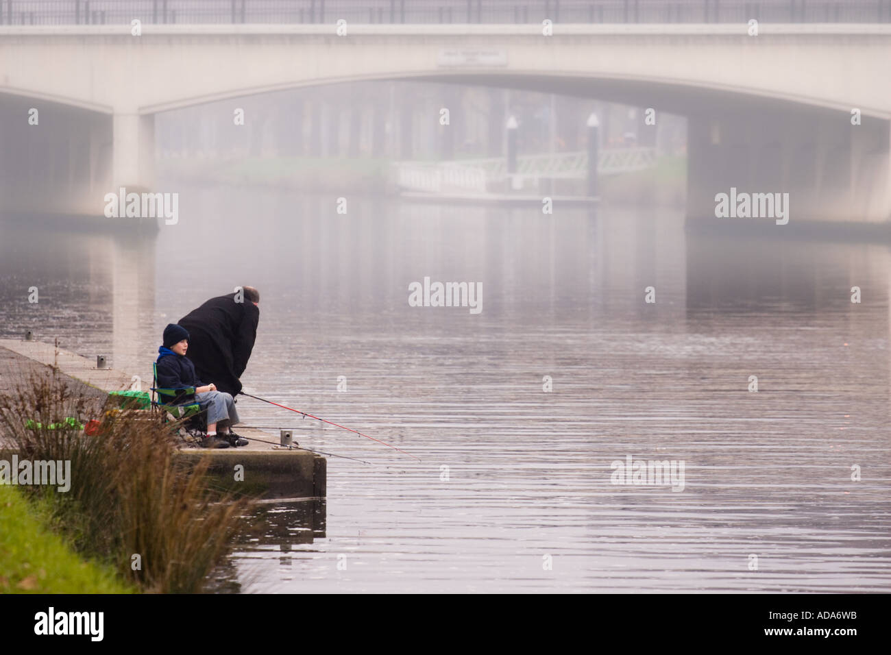 father and his two sons fishing at Yarra River, Melbourne, Victoria ...