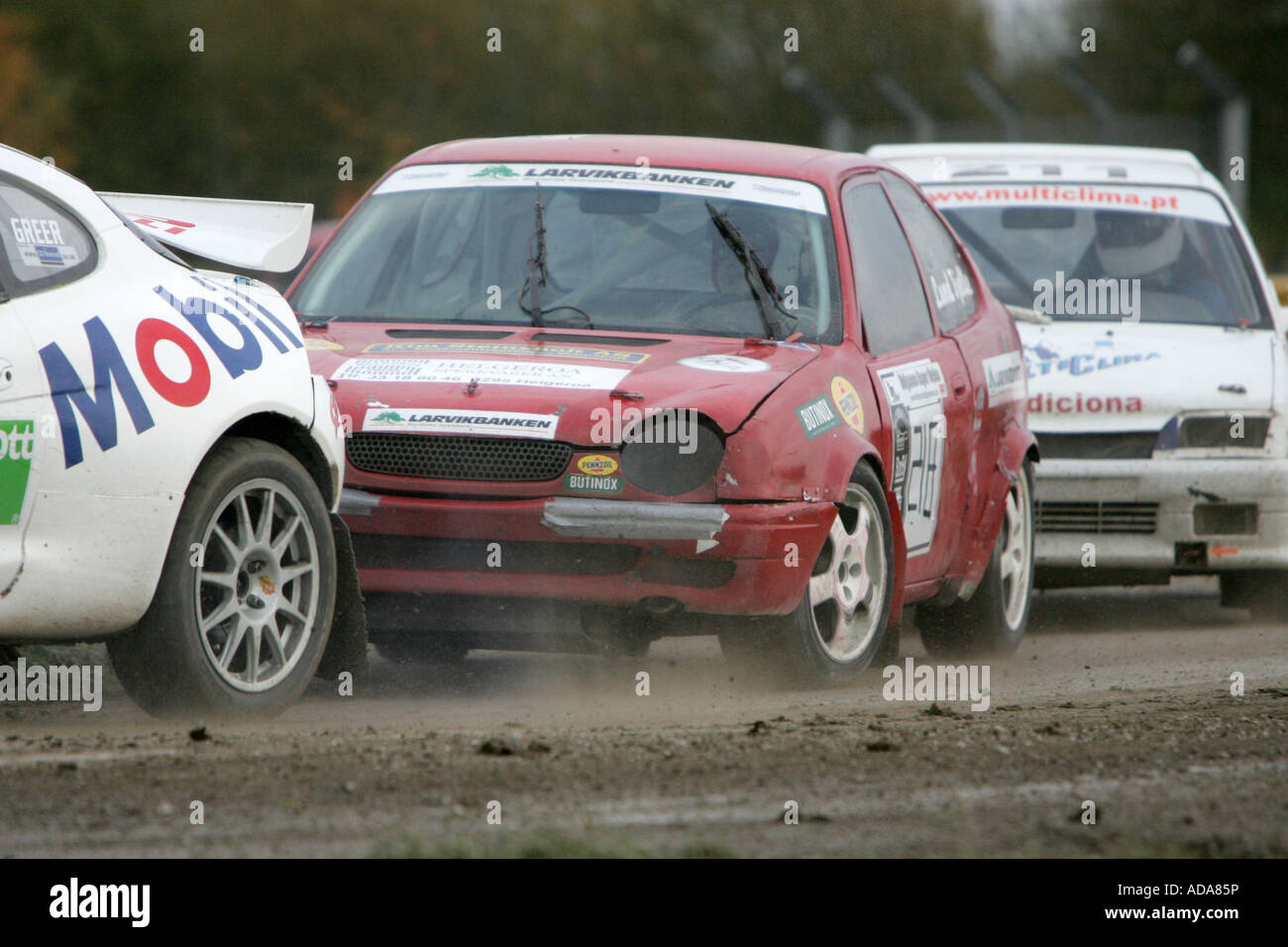 Three cars battle during a Croft Rallycross meeting Stock Photo - Alamy