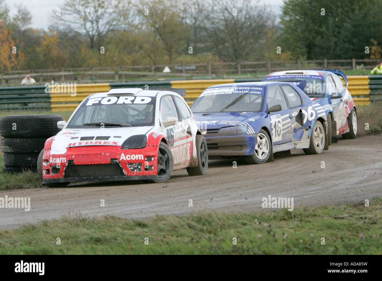 Three cars battle during a Croft Rallycross meeting Stock Photo - Alamy