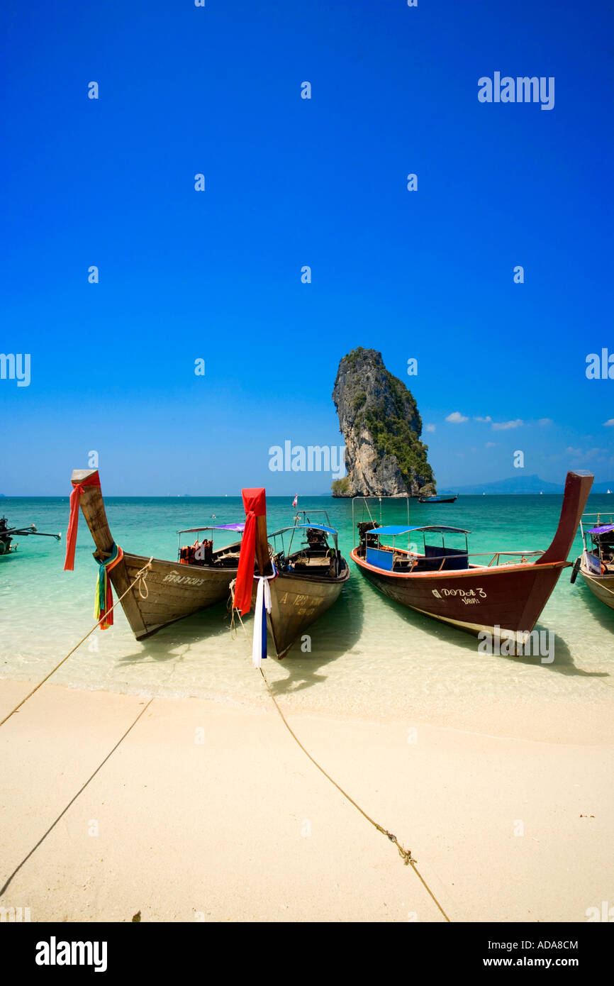 Boats anchored at beach Ko Poda in background Laem Phra Nang Railay ...