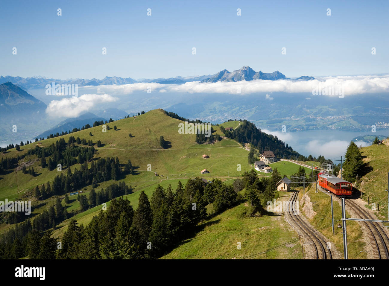 View over Rigi Kulm with rack railway Vitznau Rigi Bahn Canton of ...