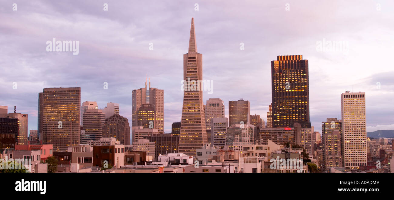 Sunset on skyscrapers in downtown San Francisco California United Sates ...