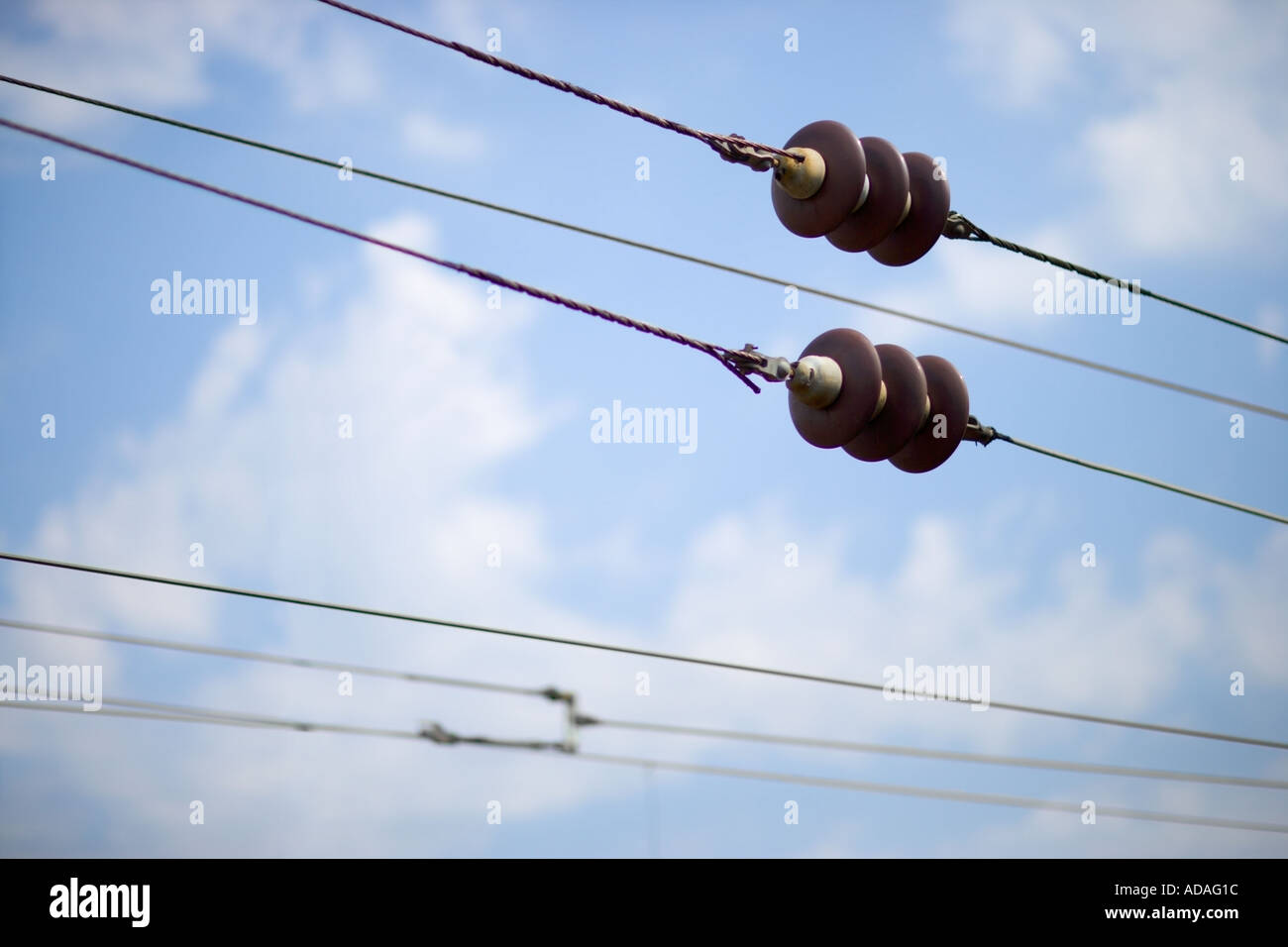 Power cables with blue sky and clouds in background Stock Photo - Alamy