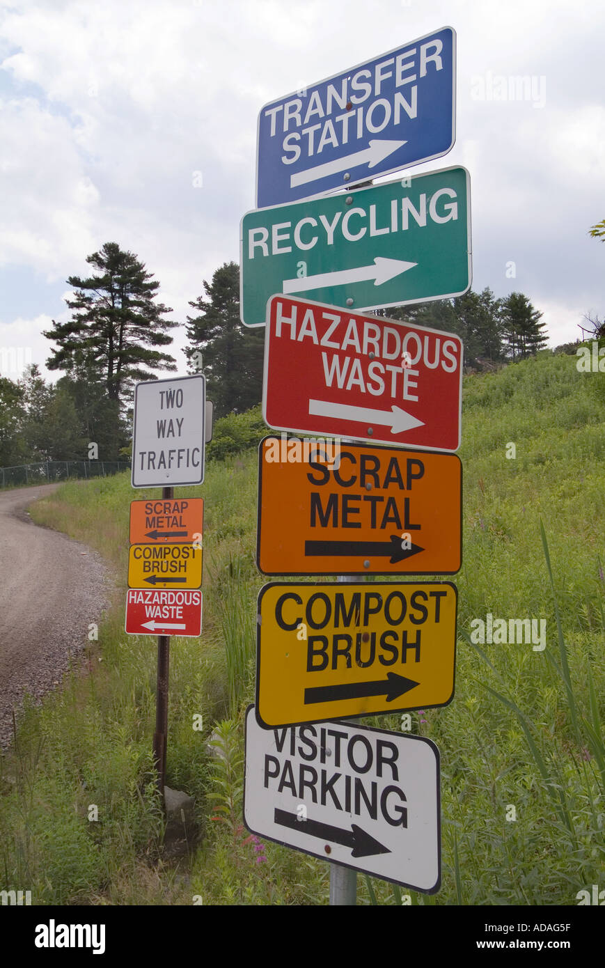 Signs at a recycling center point the directions to various recycling ...