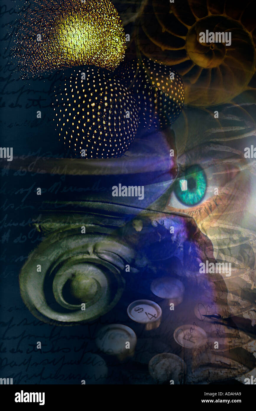 Still Life Collage of Symbols Womans Green Eye Seashell Column ...