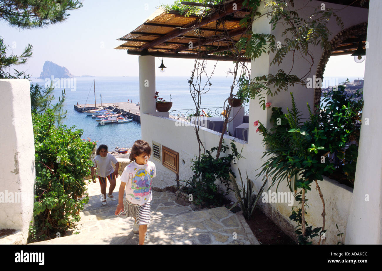 Aeolian Island of Panarea, Italy. Houses and restaurants on steep ...