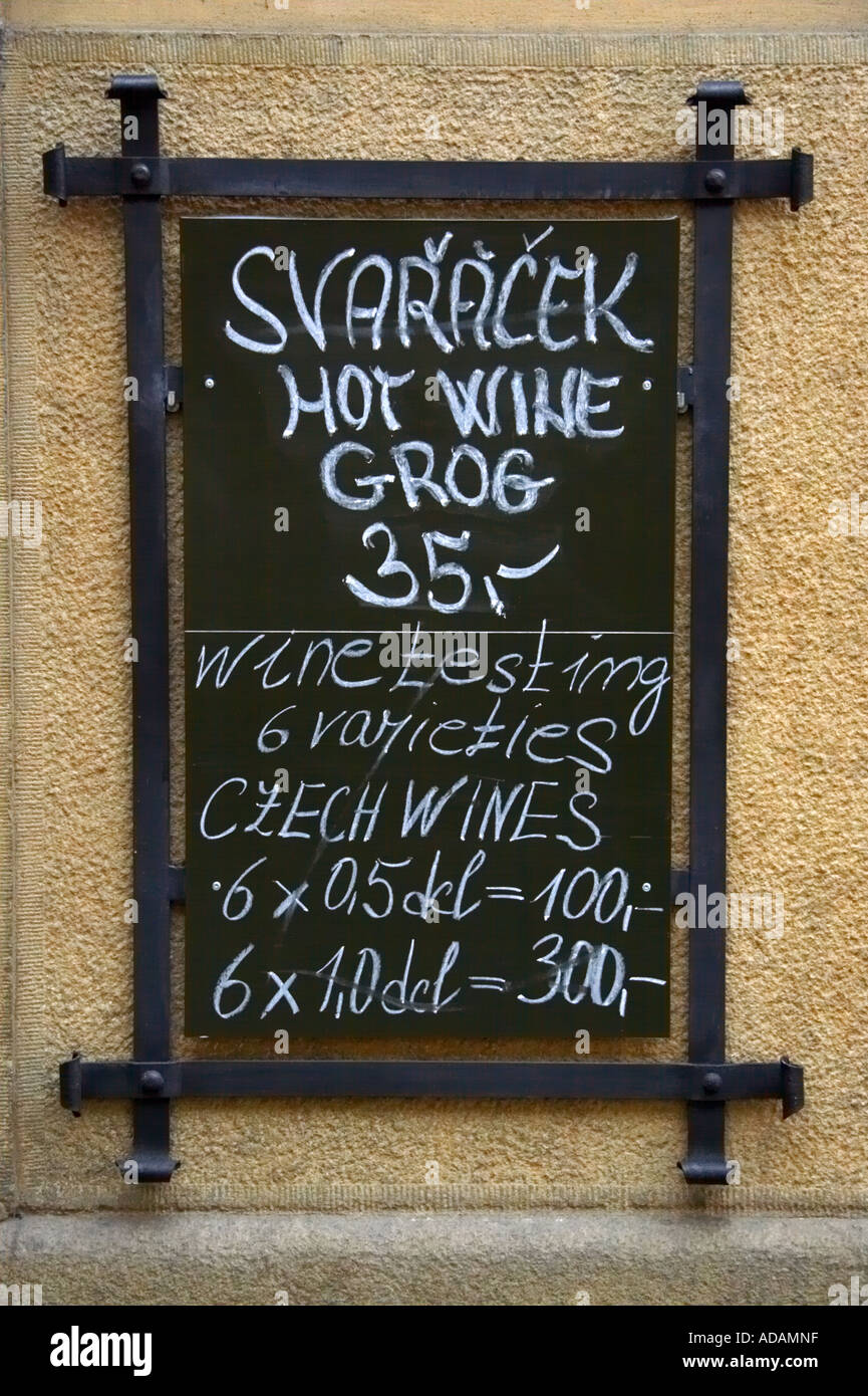 Czech Republic, Prague, Prague City. Hot wine grog sign on wall near ...