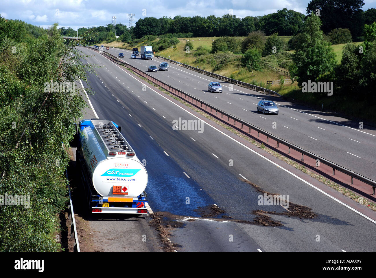 Diesel Spillage From Tesco Tanker On M40 Motorway, Warwickshire Stock ...