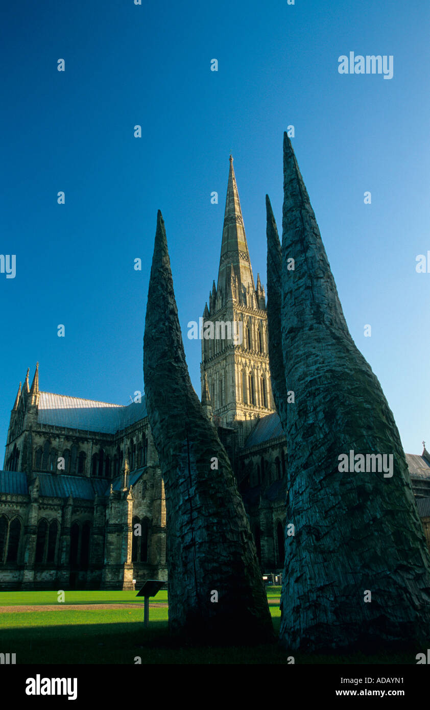salisbury cathedral with heavens gate sculpture in foreground giving ...