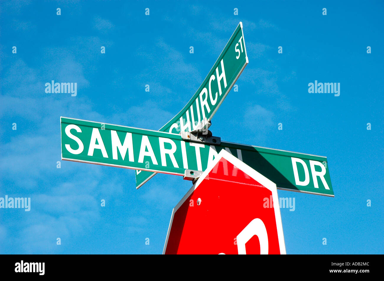 STop sign at the corner of Church street and Samaritan Drive in health ...