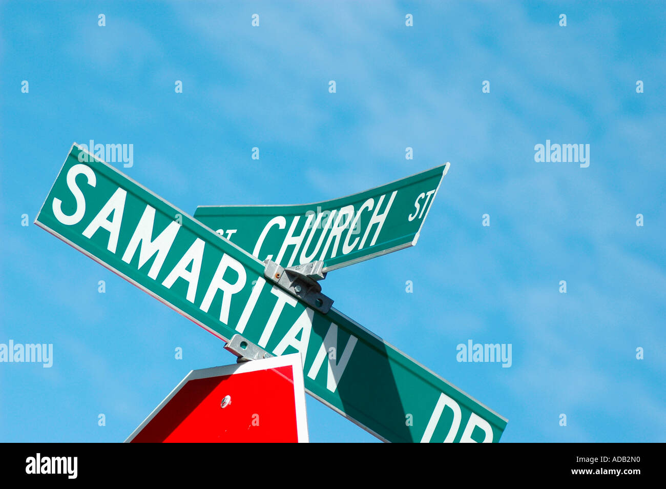 STop sign at the corner of Church street and Samaritan Drive in health ...