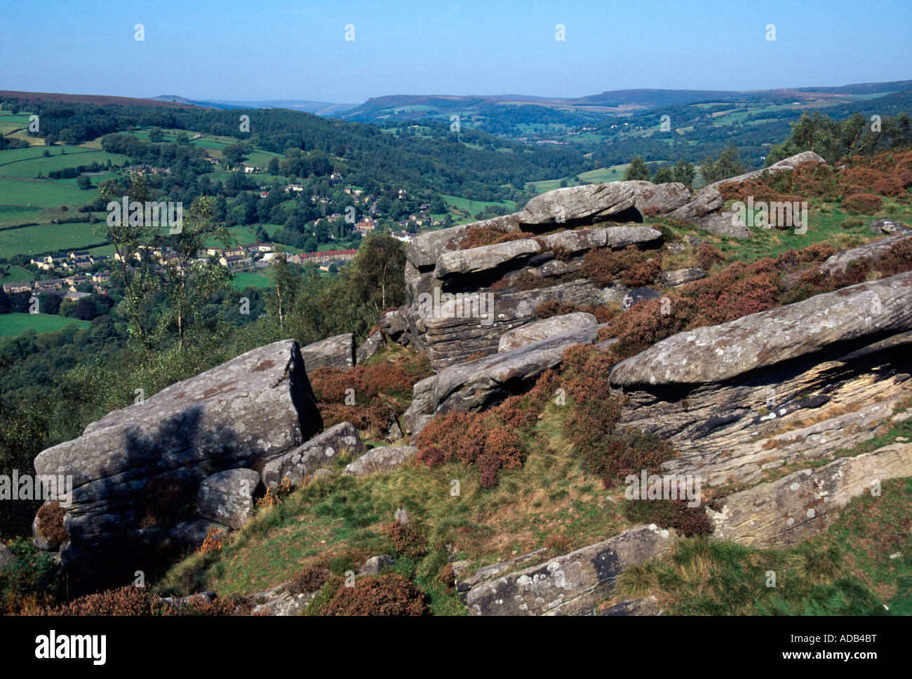 peak district derbyshire near hathersage gritstone rock outcrop rolling ...