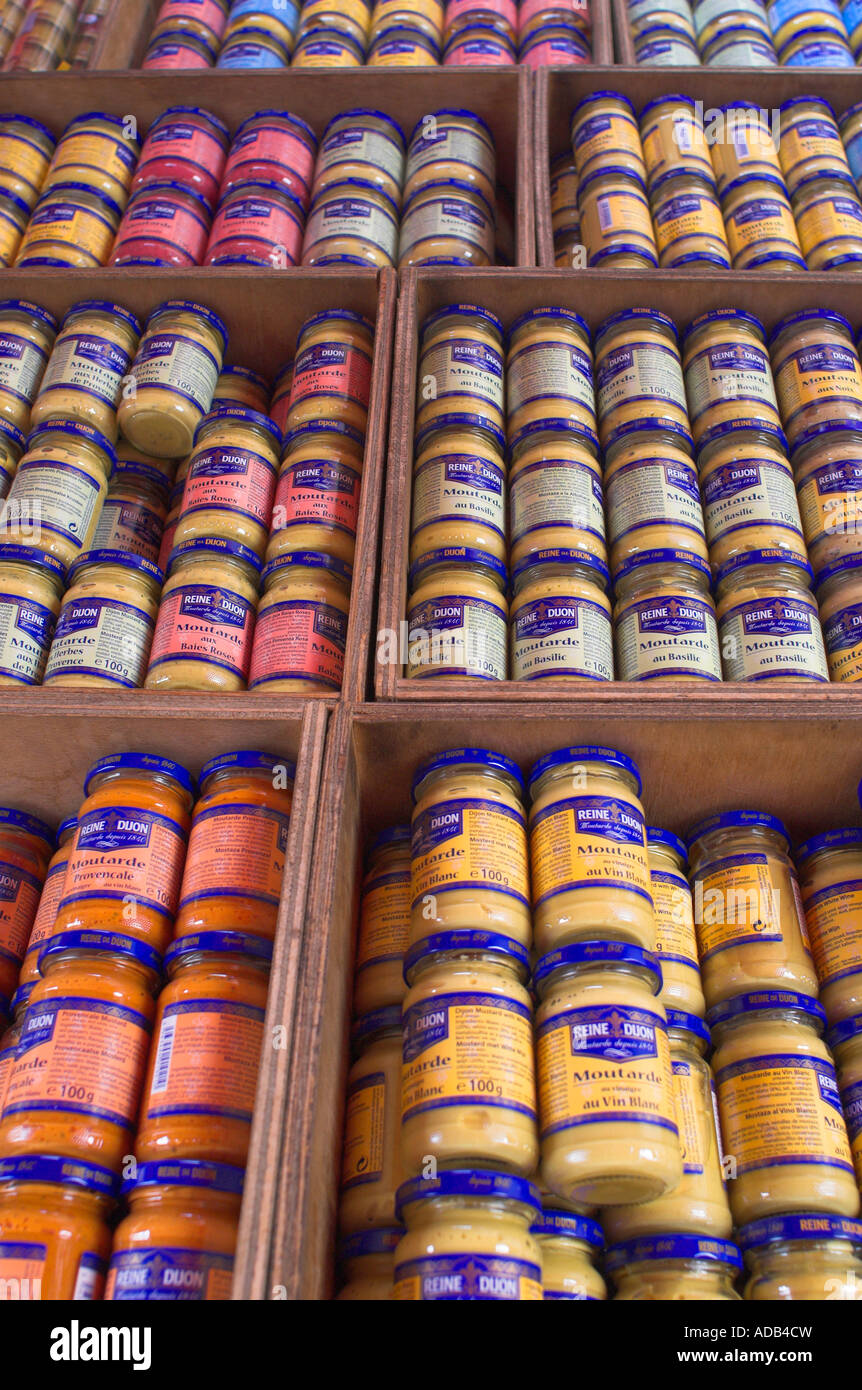 Display of a variety of different flavoured mustards, at an outdoor ...