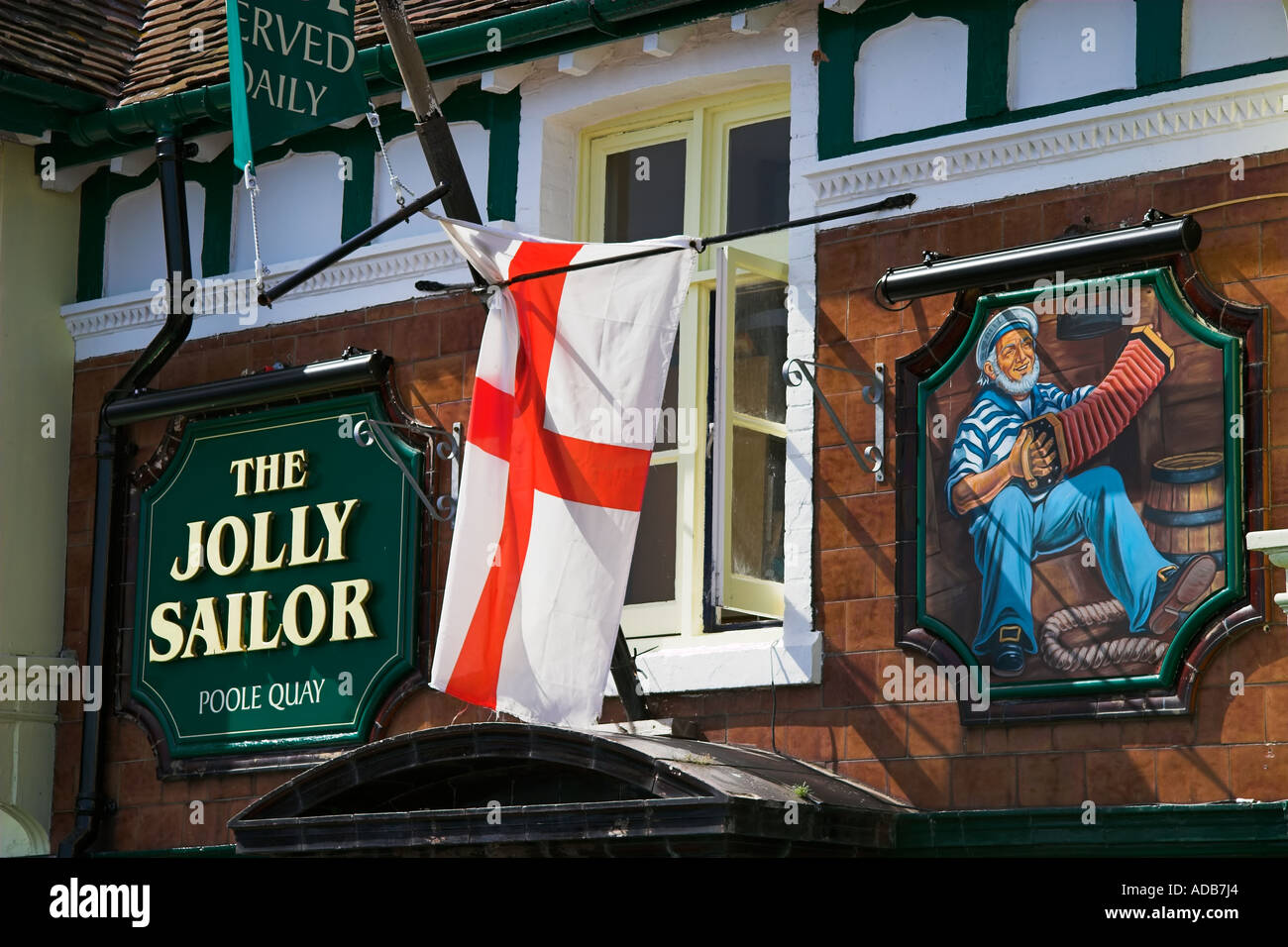 English flag flying outside the Jolly Sailor pub Poole Dorset England ...