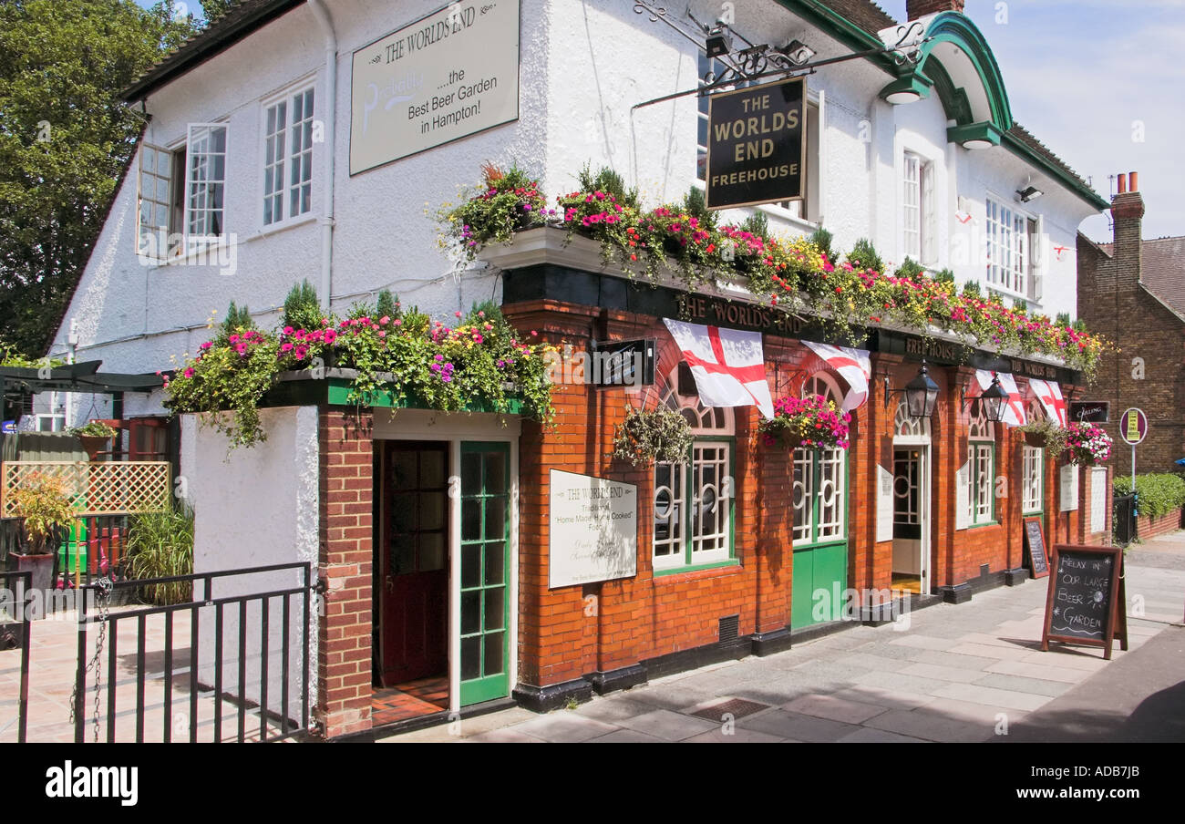 English flags flying outside Worlds End public house Hampton Middlesex ...