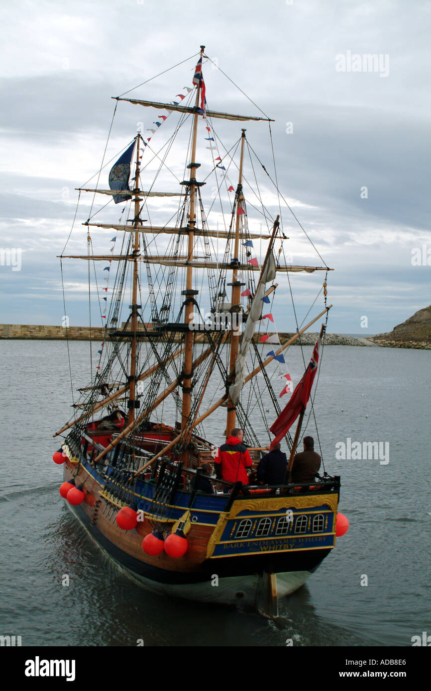 Replica of The Endeavour Whitby Harbour Yorkshire Stock Photo - Alamy