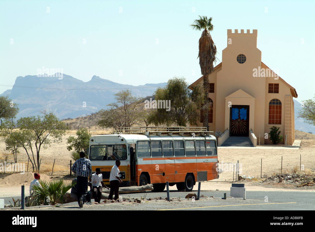 Local bus waiting outside a church in Usakos Erongo Mountains Namibia ...