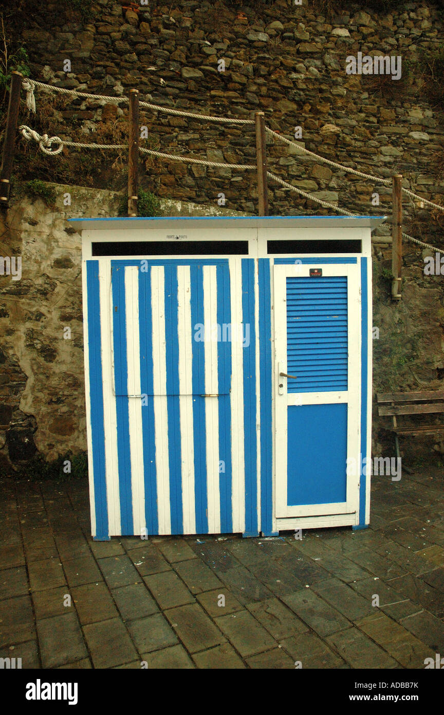 Blue and white stripped changing room in the Cinque terre in Liguria on ...