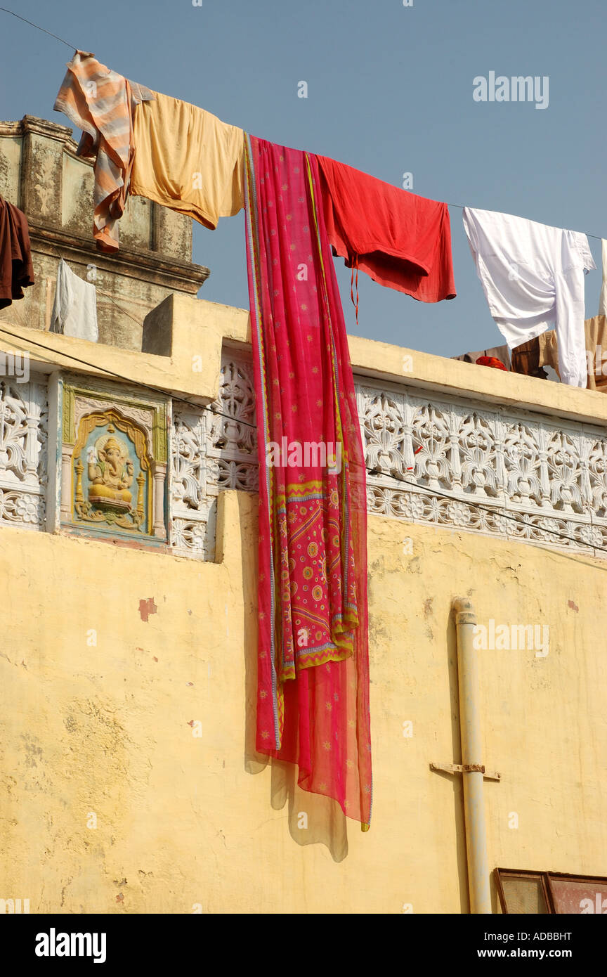A sari hanging out on the wall of a home in Mandawa Rajasthan India ...