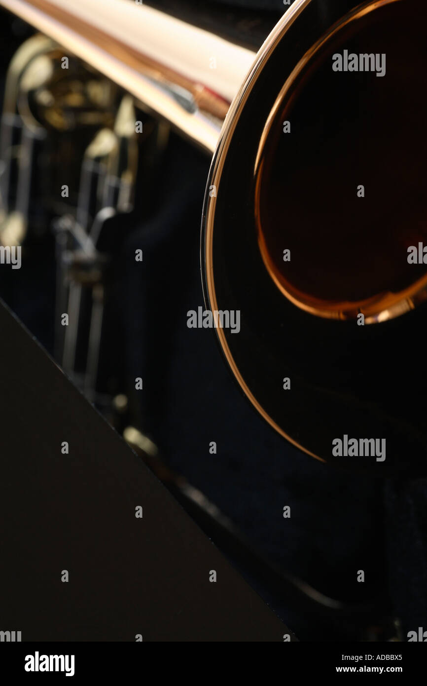 Musical instruments: Close-up of red-brass flugel horn in black leather ...