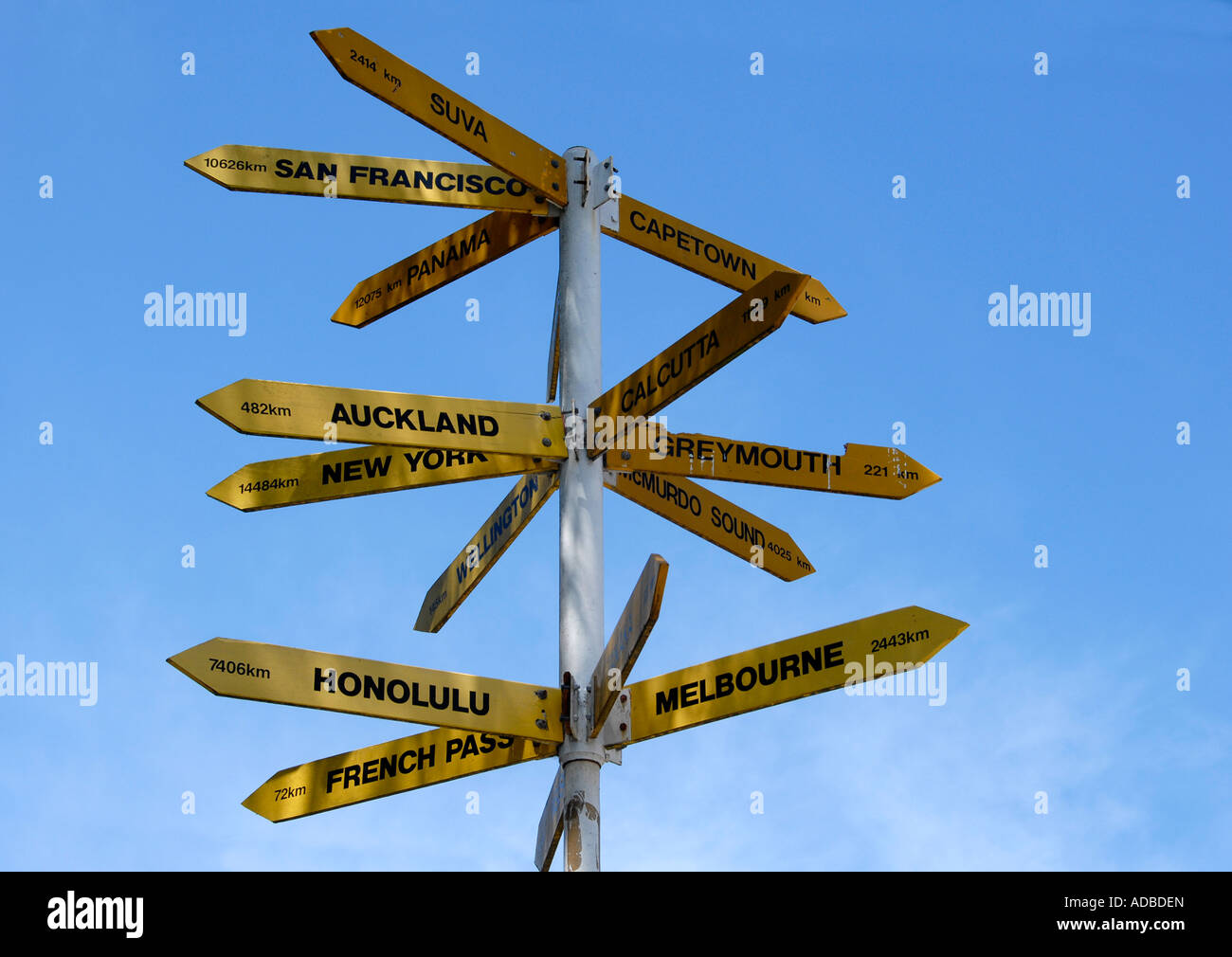 Distance signpost with local and overseas cities listed Kaiteriteri ...