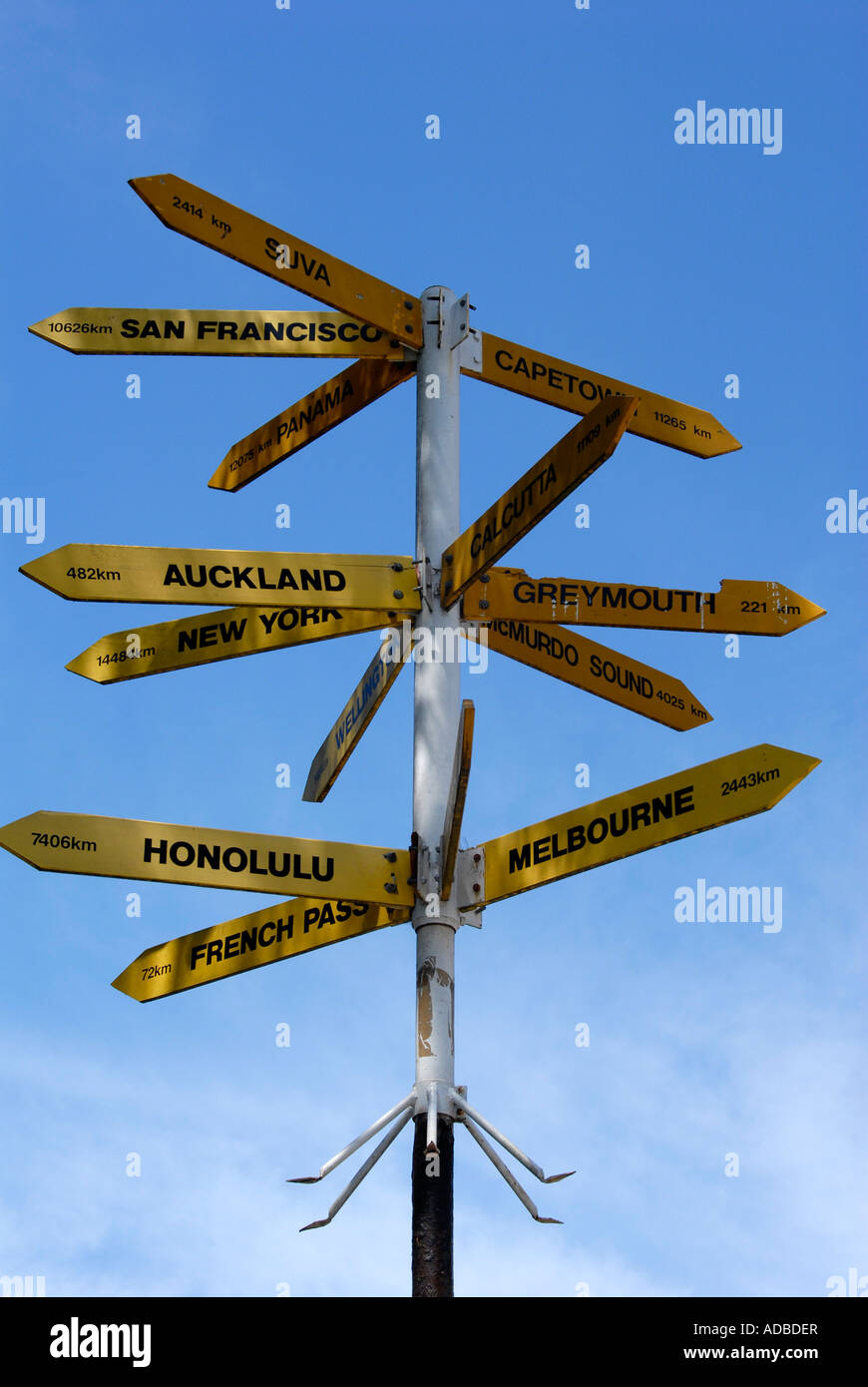 Distance signpost with local and overseas cities listed Kaiteriteri ...