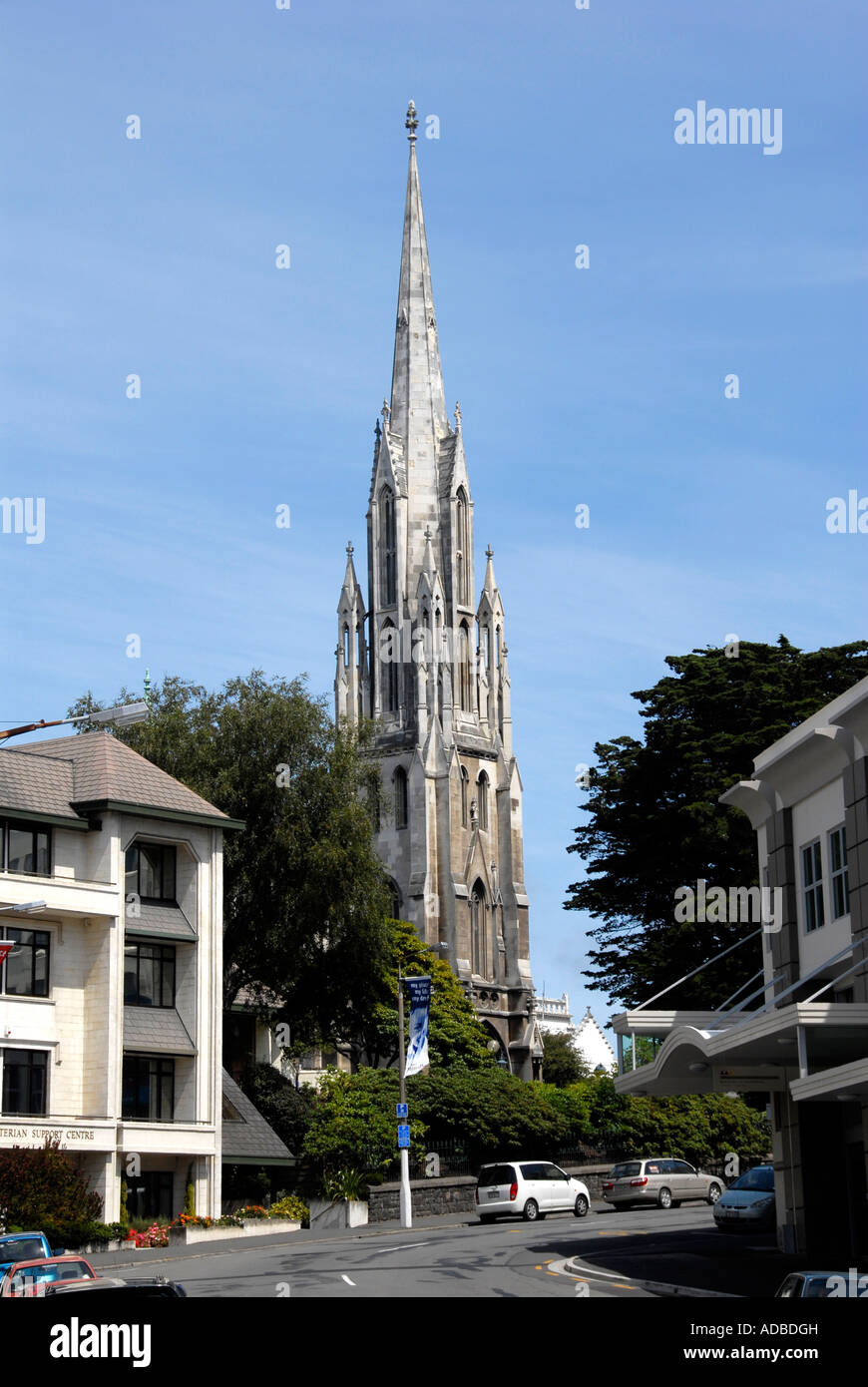 Dunedin with church spire of First Church of Otago South Island New ...