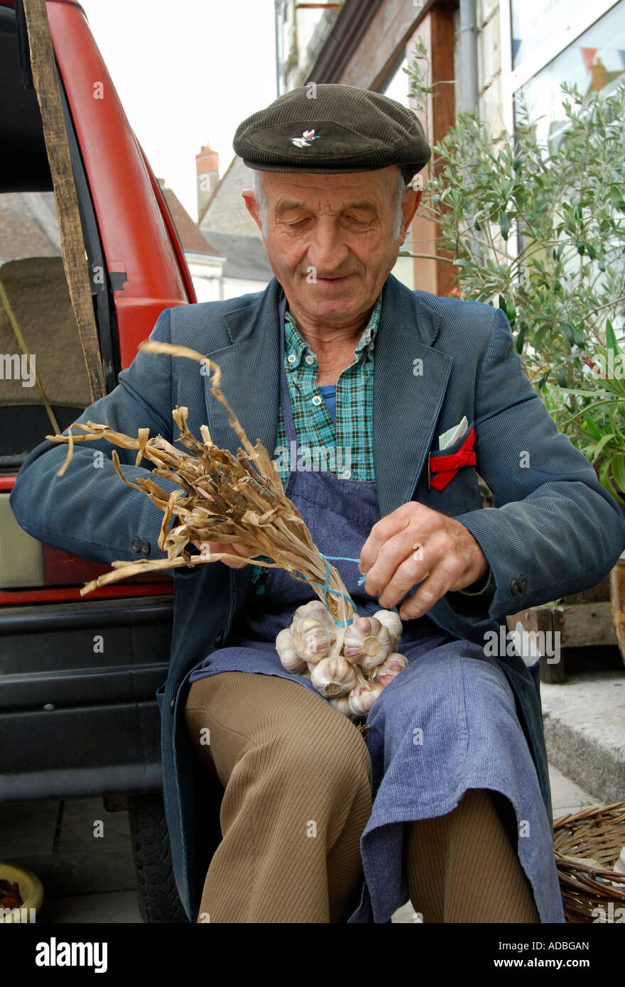 Tying bunch of garlic, France Stock Photo - Alamy
