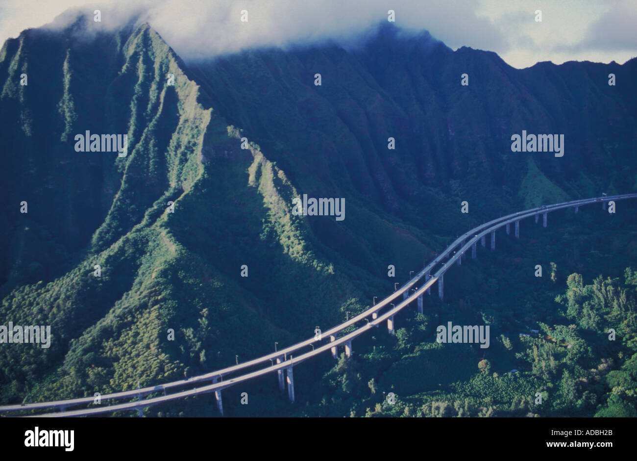 Aerial of H 3 Freeway through Haiku Valley Koolau Mountains Oahu Hawaii ...