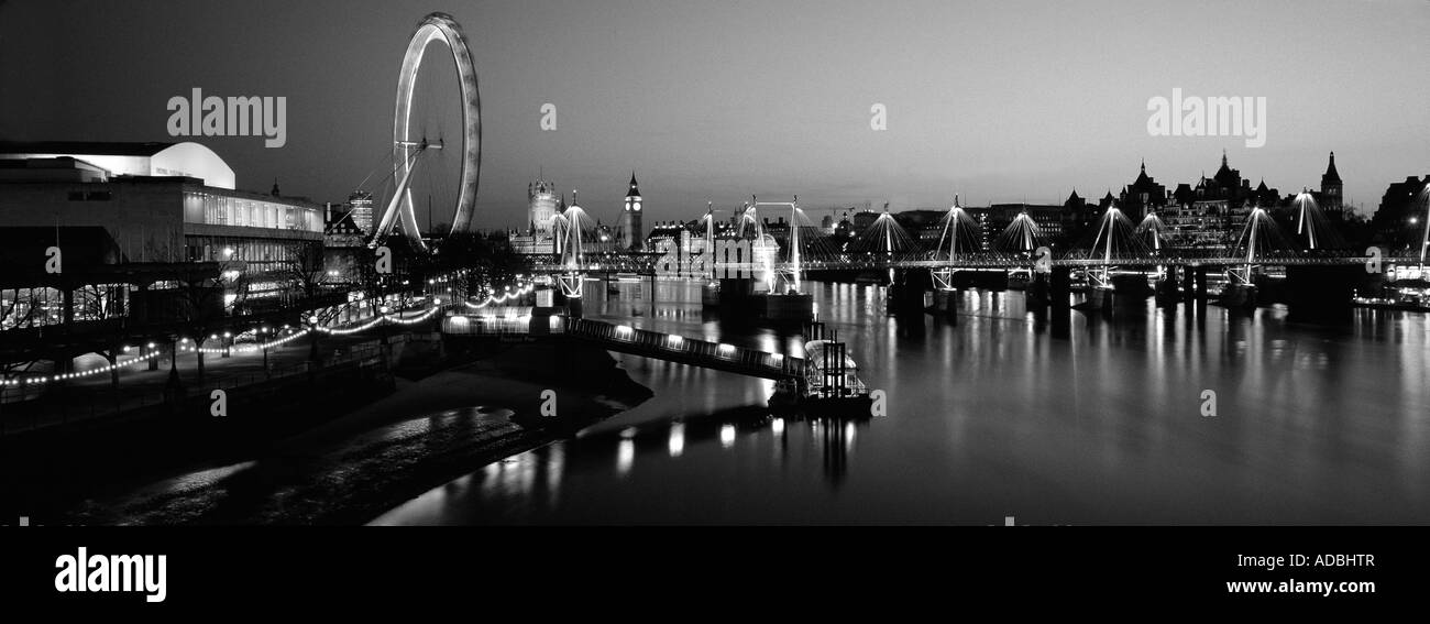 Night view from Waterloo bridge of London Eye Royal Festival Hall Stock ...