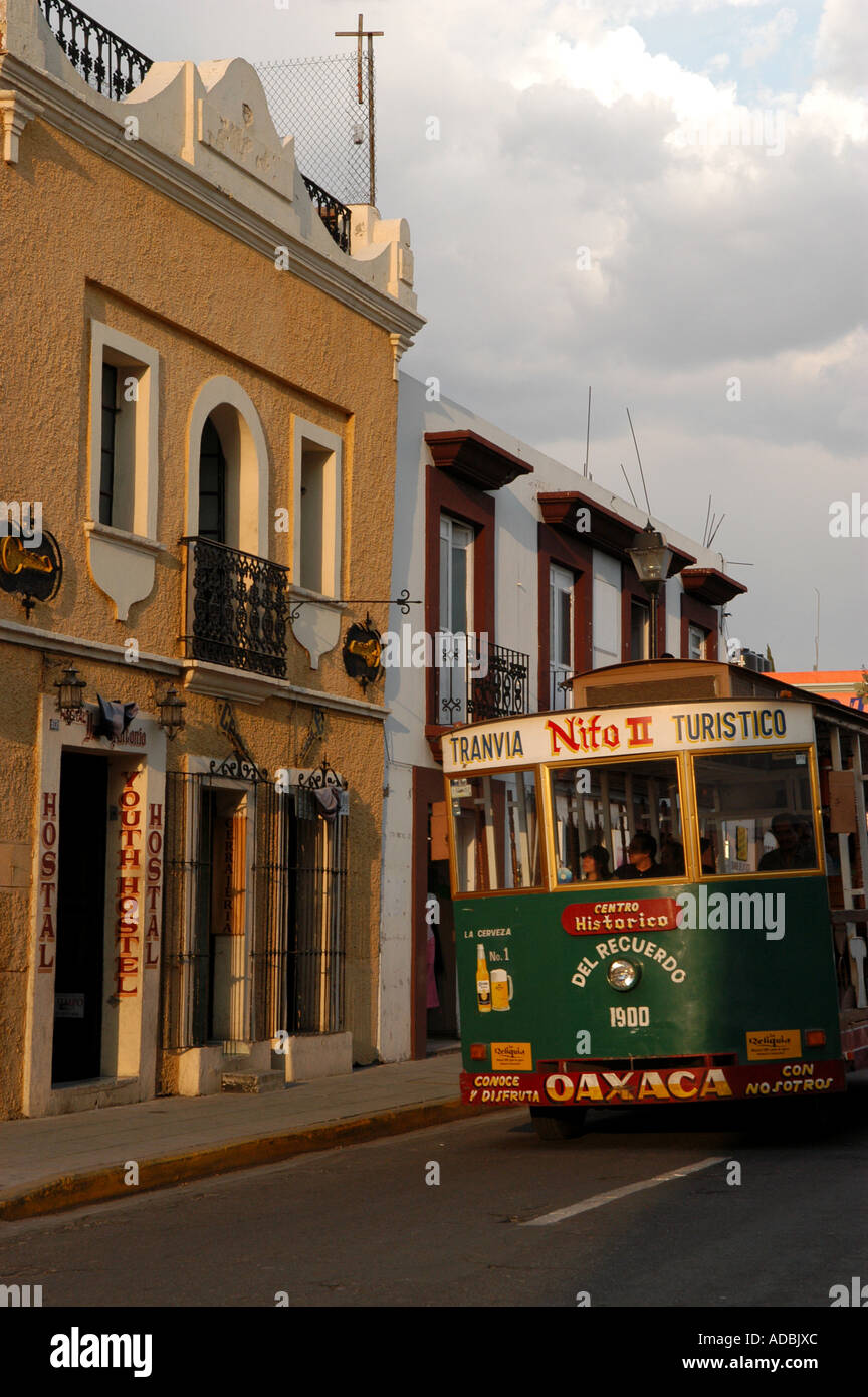 Touristic bus in historical downtown Oaxaca city Mexico Stock Photo - Alamy
