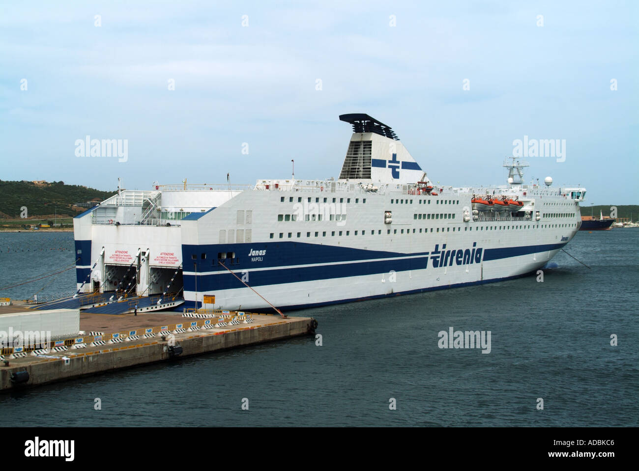 Olbia Sardina port Tirrenia Lines ferry Janas moored stern on to dock ...