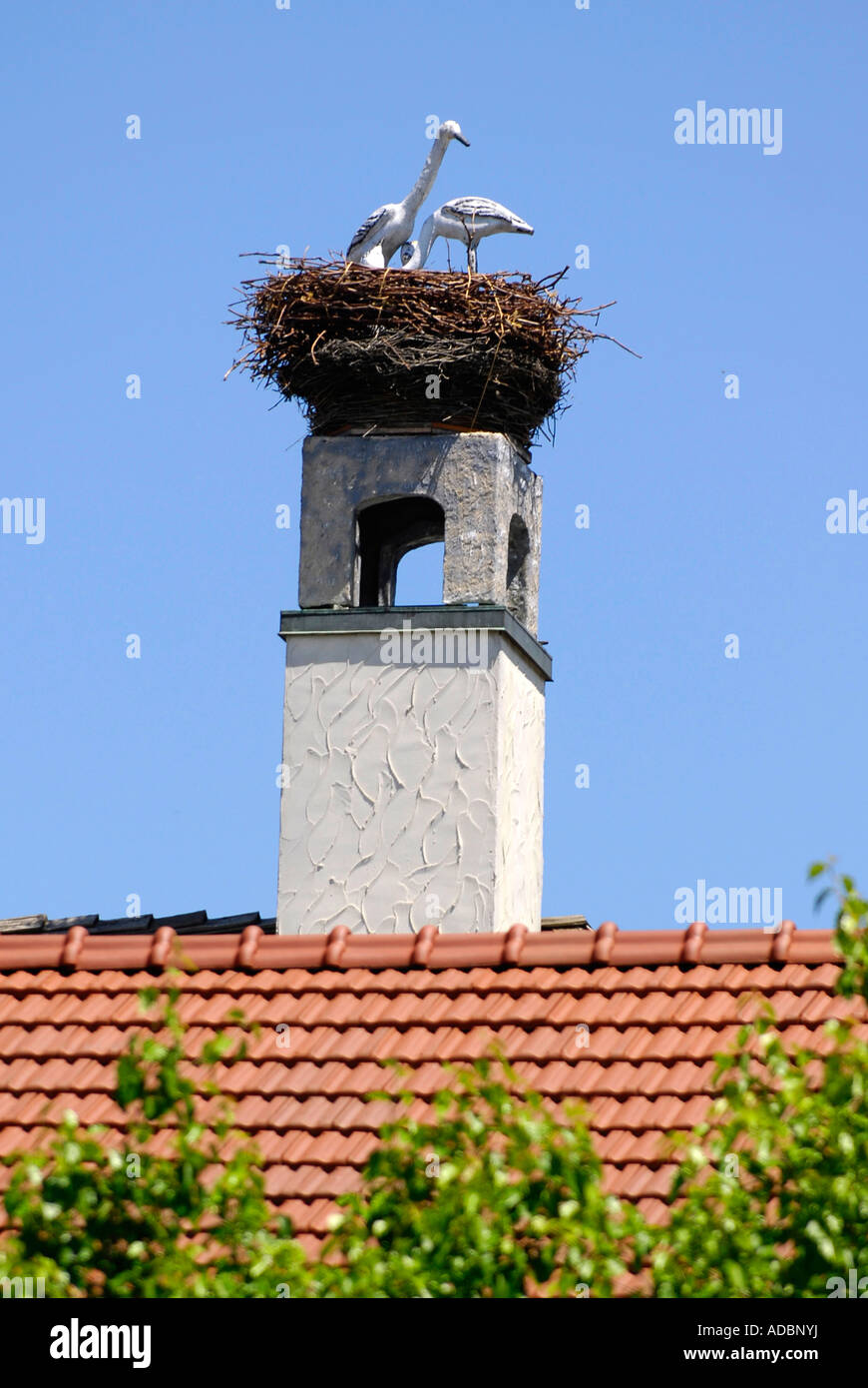 Symbolic fake stork nest on the Bavarian Inn at Historical Frankenmuth ...