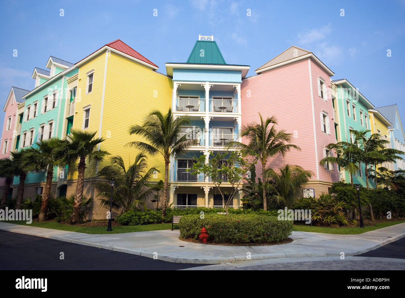 Paradise Island Bahamas colorful buildings and tropical palm trees ...