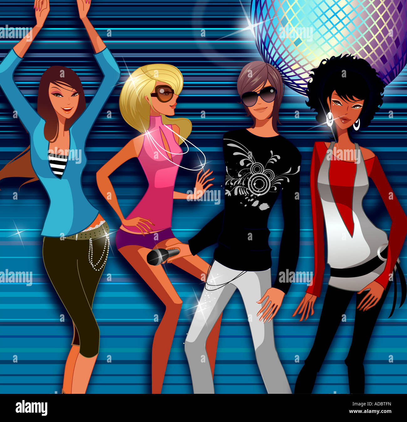 Three women dancing with a male singer in a nightclub Stock Photo - Alamy