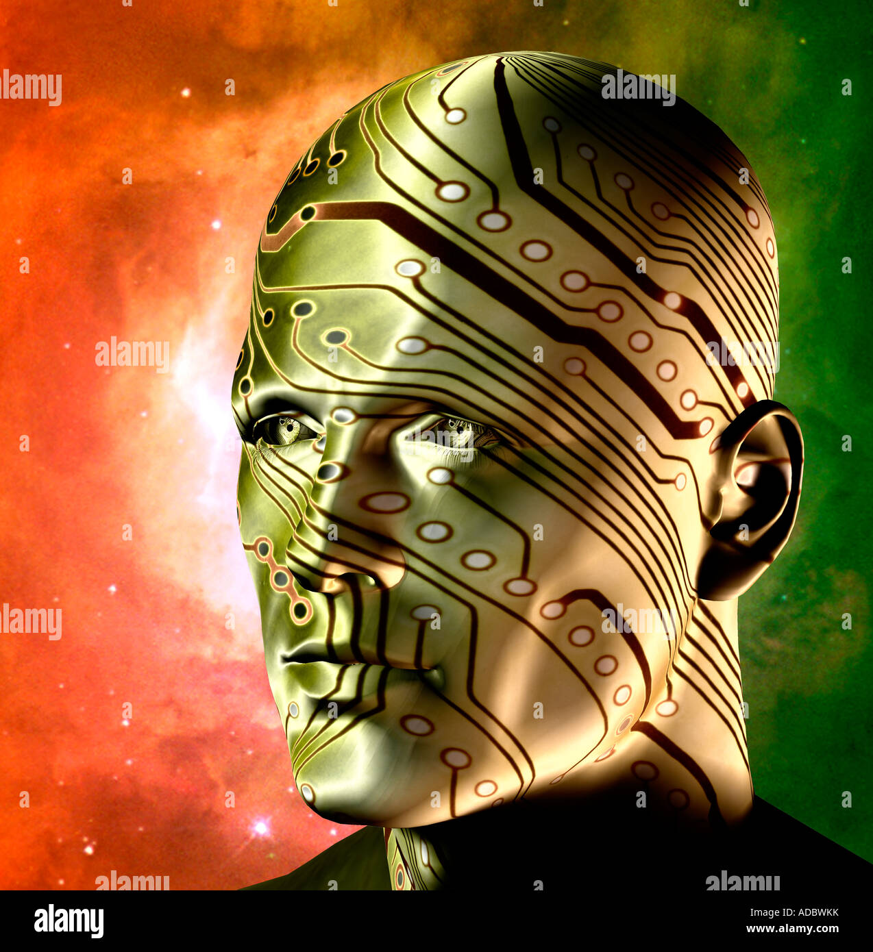 futuristic 3D computer generated bionic male robot head digitally ...