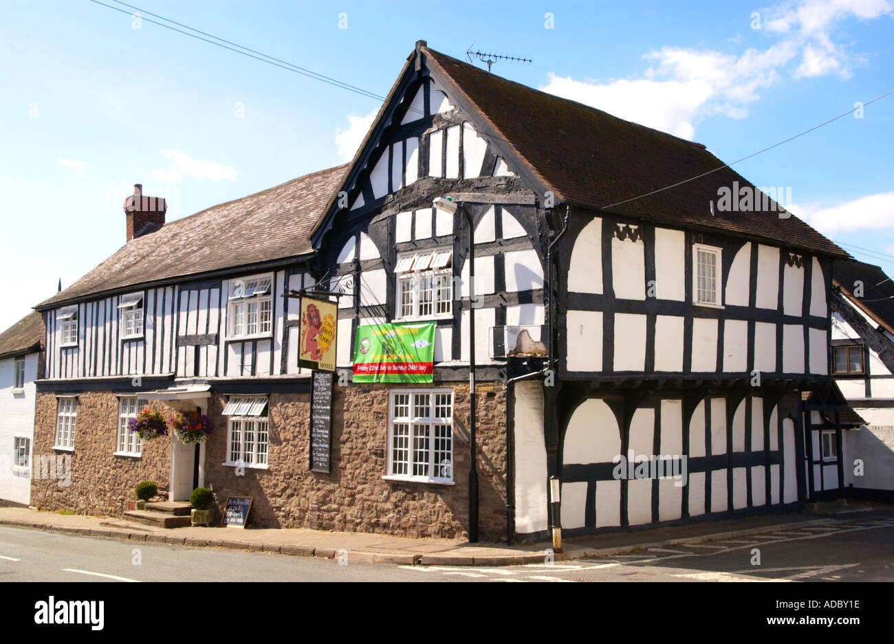 Timber framed and stone built pub dating from 14th century at Weobley ...