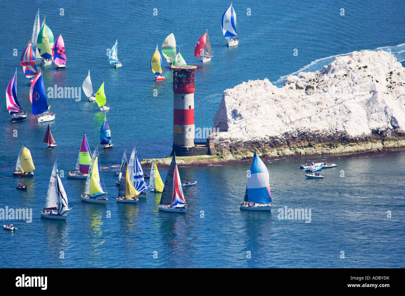 Aerial view. Yachts rounding the Needles Lighthouse. Isle of Wight. UK ...