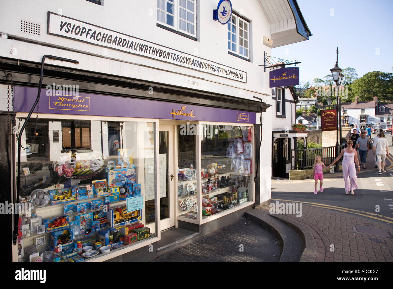 Shop with long Welsh name Llangollen Wales UK Stock Photo - Alamy